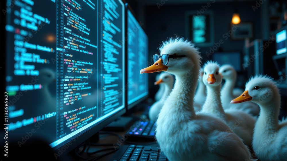 A computer workstation with multiple monitors displaying code, and a ...