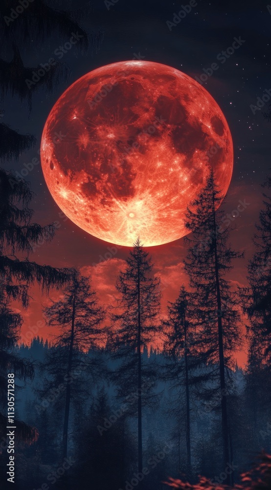 Blood red moon rising over dark forest at night. Stock Photo | Adobe Stock