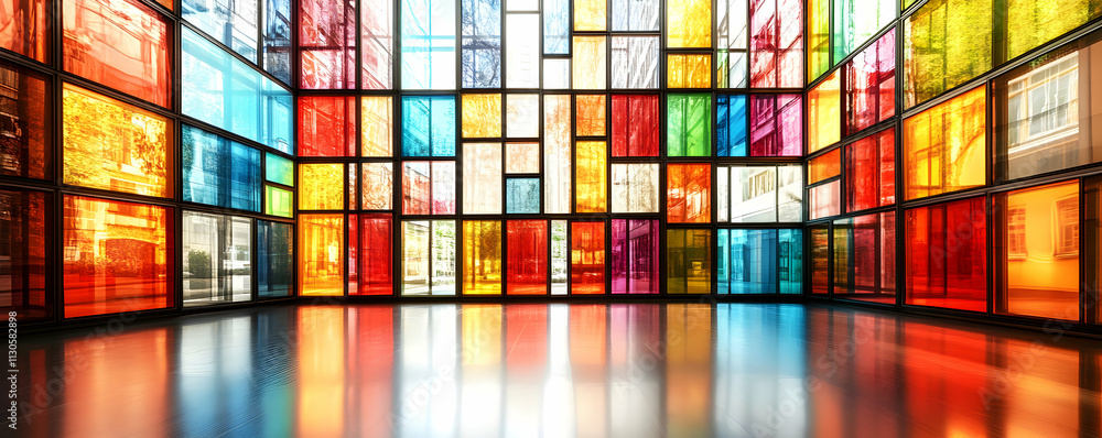 Colorful Glass Panel Wall Reflects Light, Creating a Vibrant Interior ...