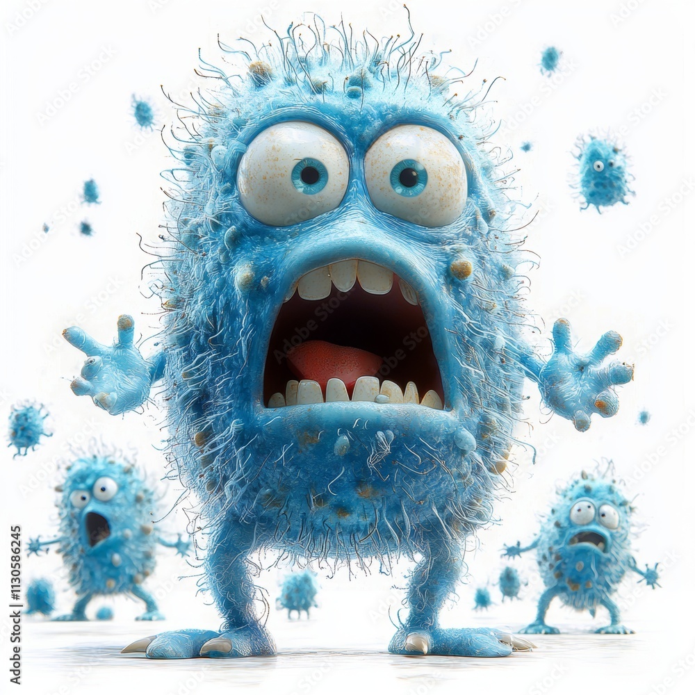Cartoon Microbes in Blue with Fun Expressions Stock Illustration ...