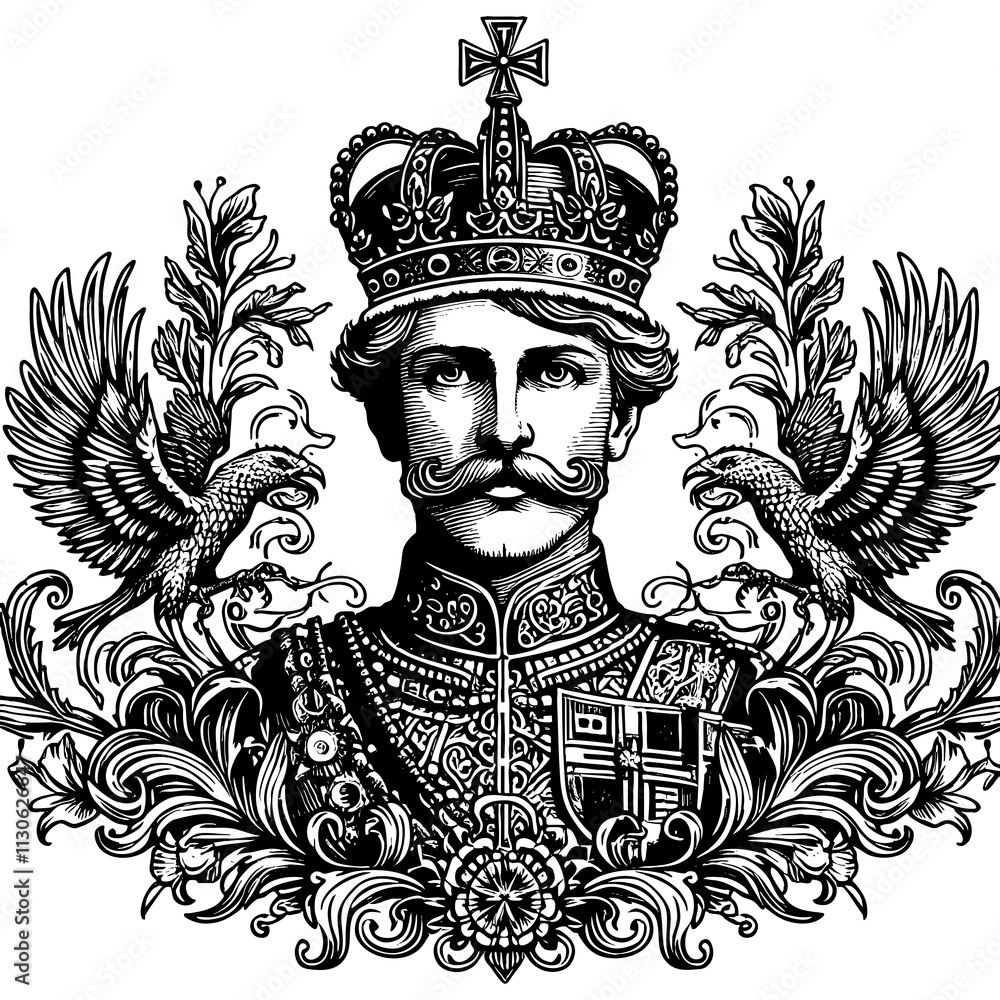 noble king with flowing hair, a majestic beard, and an intricately ...