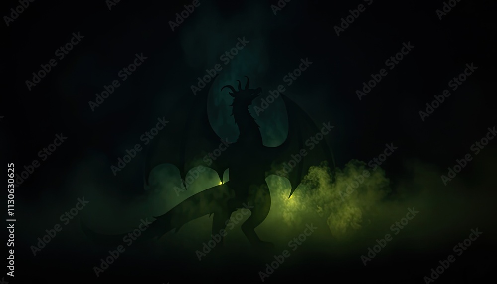 Glowing dragon silhouette on a dark night, mist swirling around. Black ...