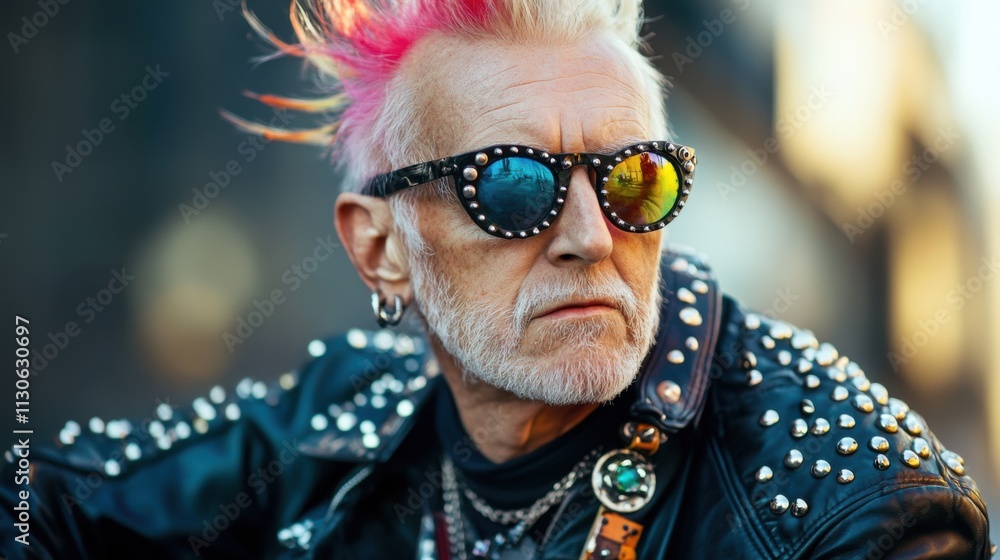 Stylish Senior Punk Rocker with Pink Hair and Studded Leather Jacket ...