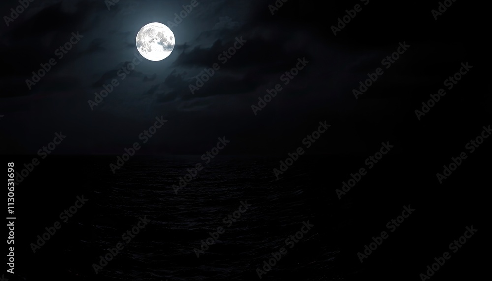 Glowing moonlight reflecting on a black ocean, dark clouds overhead ...