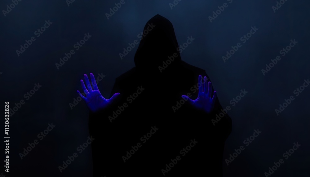 Shadowy figure emerging from black mist with glowing purple hands ...
