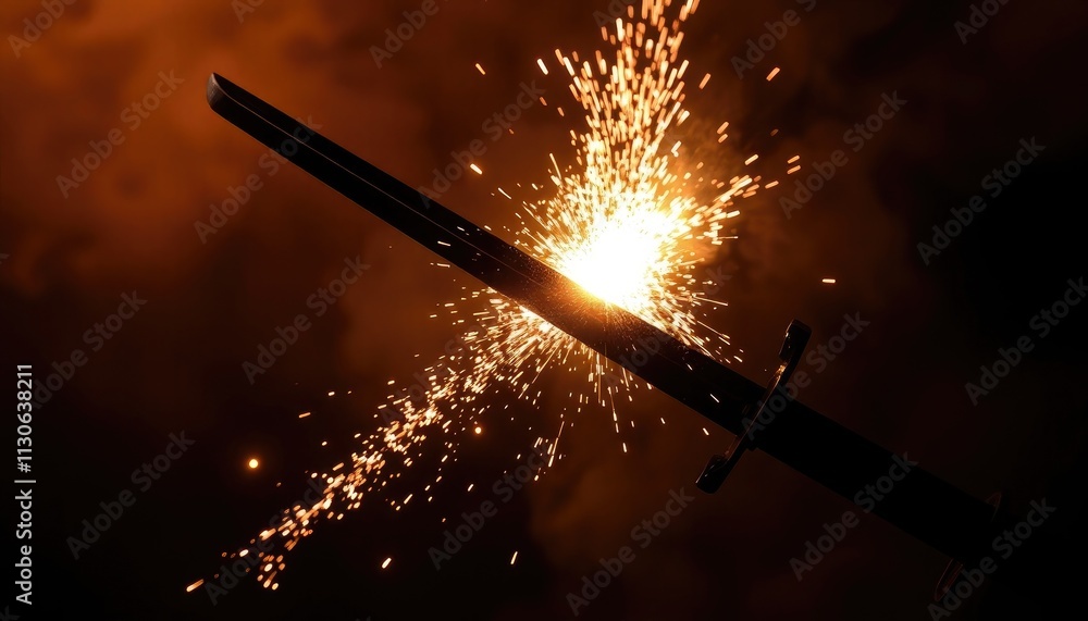 Glowing black samurai sword slicing through dark mist, sparks flying ...