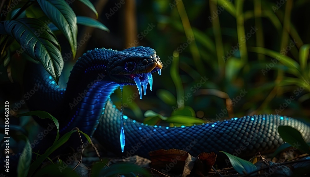 Glowing black snake slithering through the jungle, glowing blue venom ...
