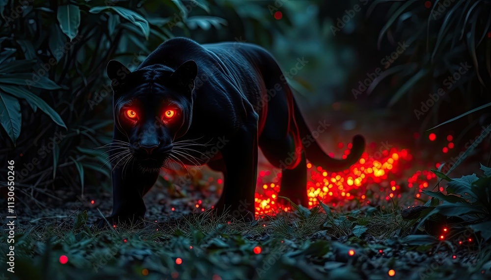 Black panther stalking through a jungle, glowing red eyes and particles ...