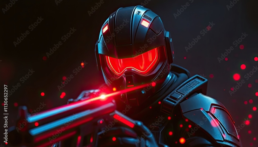 Glowing black soldier in combat with glowing red visor, laser beams and ...