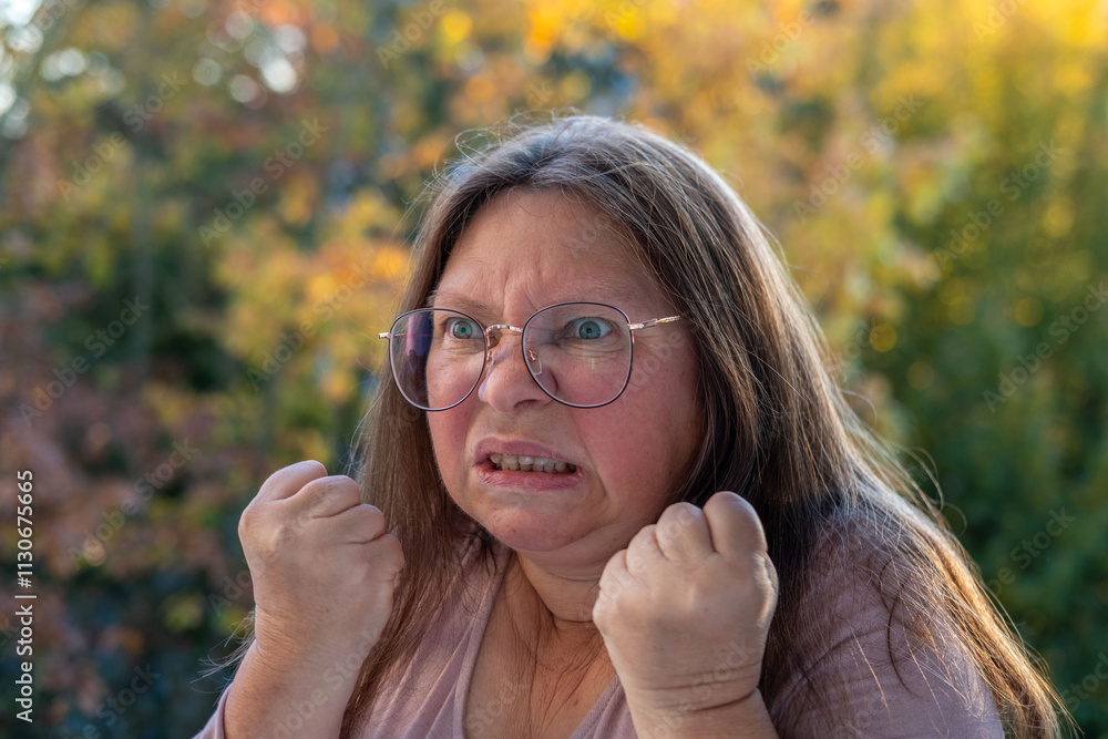 Angry mature white woman 50 years old with long hair expressing stress ...