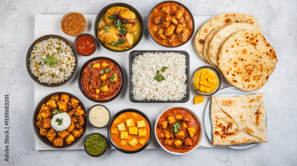 Indian ethnic food buffet on white concrete table from above curry ...