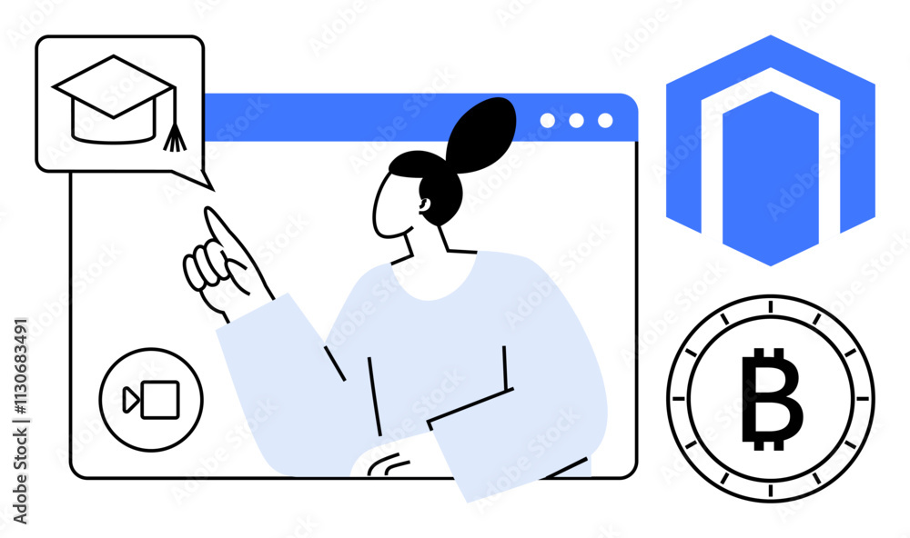 Person interacting with online education platform indicated by graduation cap icon, zoom meeting ...