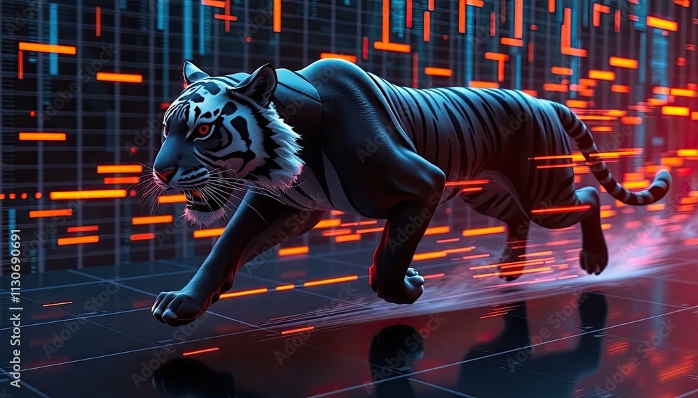 3D black tiger running through a digital grid, with orange glitch ...