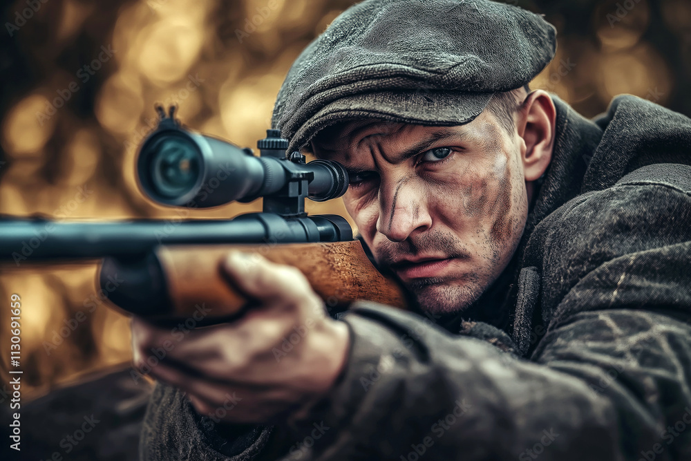 World War II-era sniper in vintage uniform, aiming a classic rifle in a ...