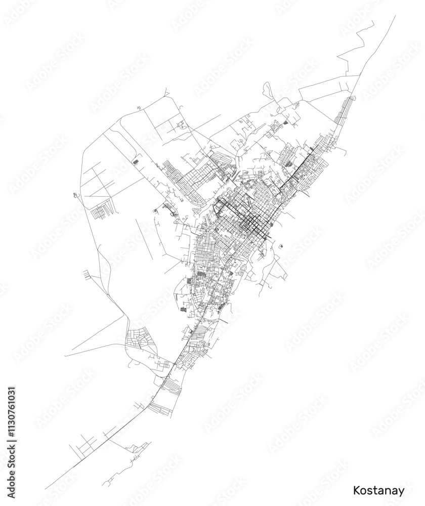 Kostanay city map with roads and streets, Kazakhstan. Vector outline ...