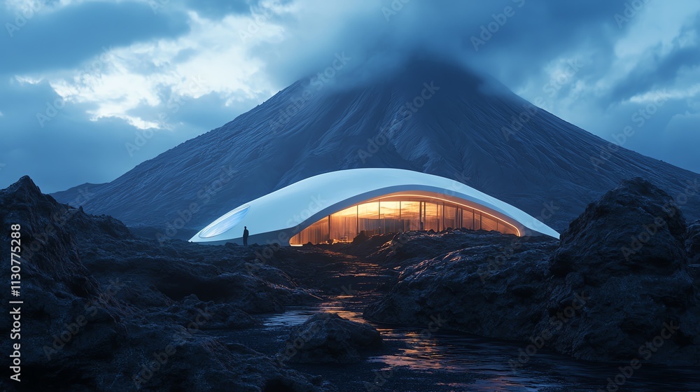 Futuristic building at the foot of a majestic volcano in a dramatic ...