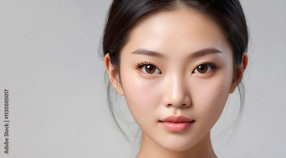 Beautiful young Asian woman face, close up, gray studio background ...
