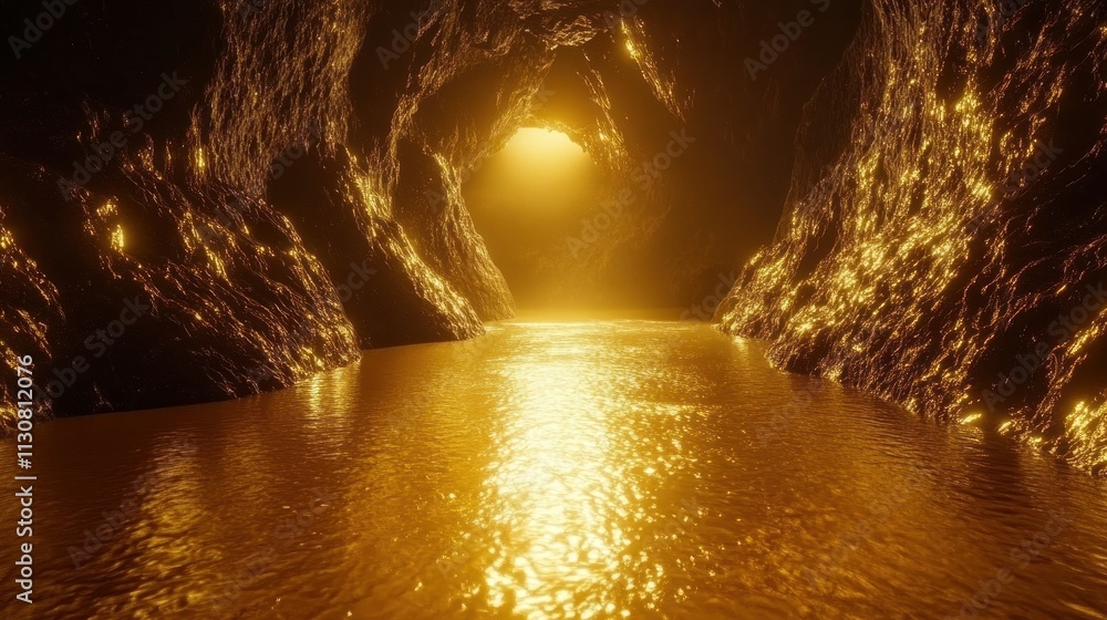 Golden light illuminates a cave with a reflective water passage. Stock ...