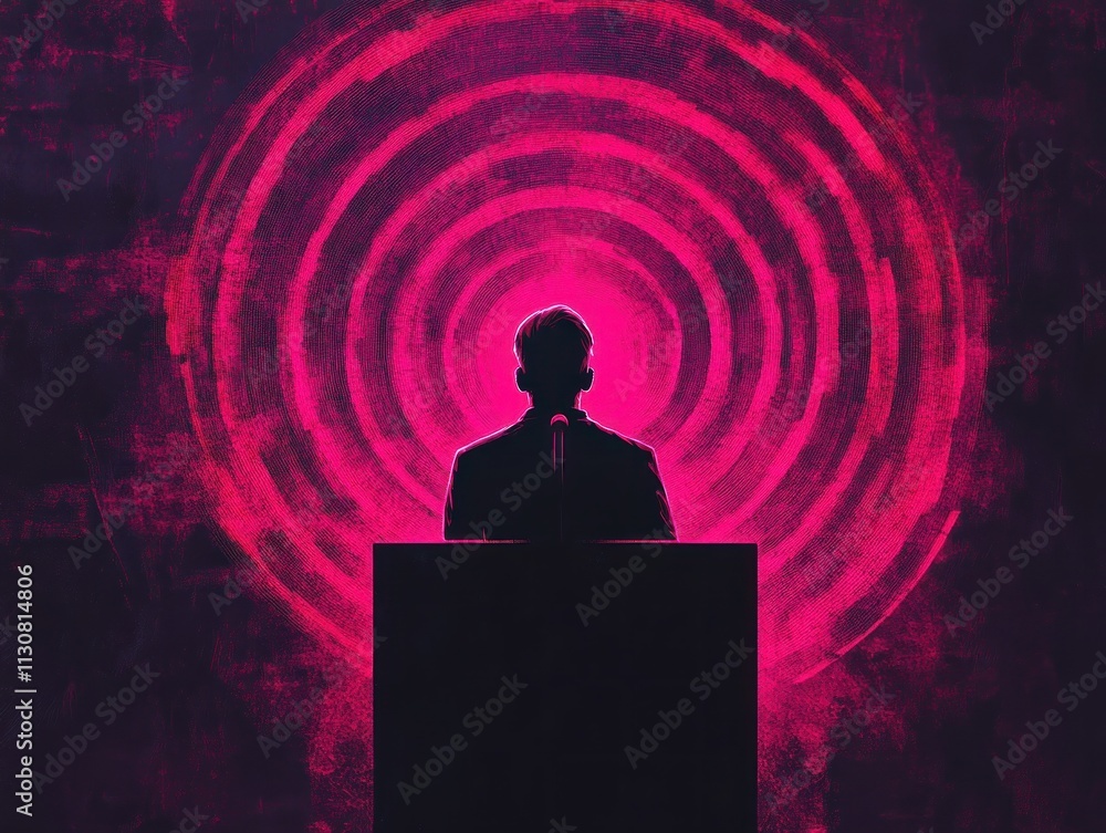 Explore minimalist artwork of a speaker at a podium, depicting symbolic ...