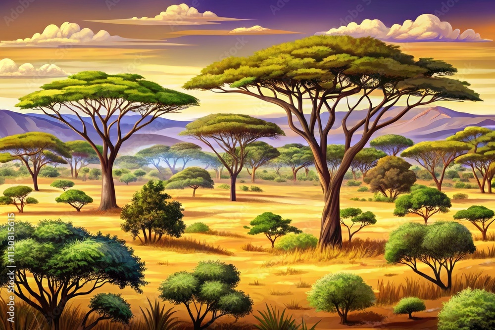 Sketch of the African Savanna: Hand-Drawn Vector Landscape with Trees ...