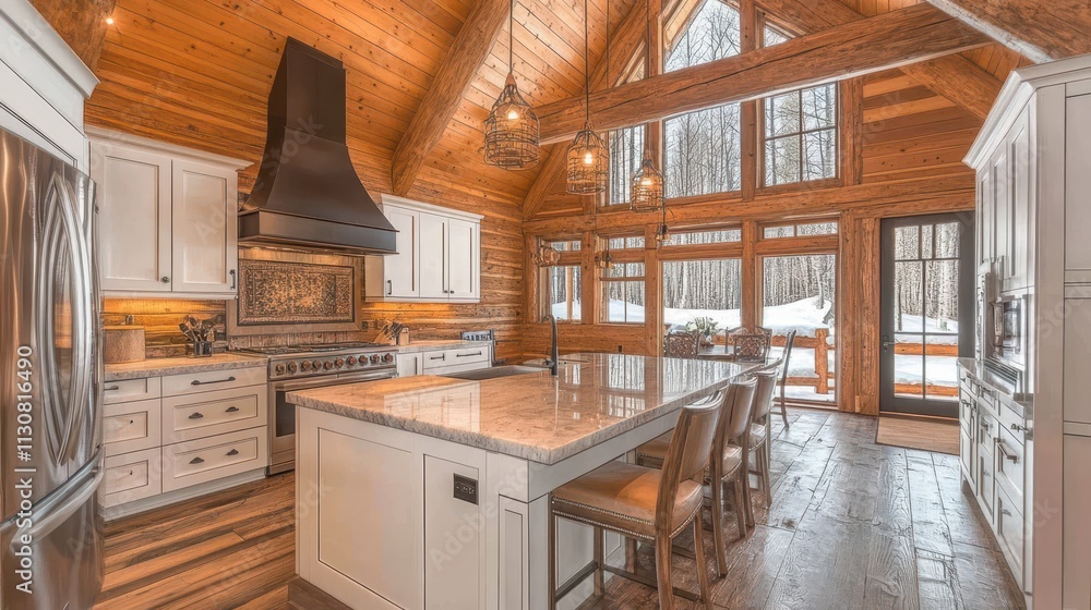 Rustic kitchen with granite island, wood beams, and large windows ...