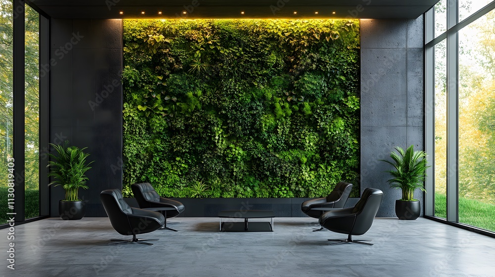 Contemporary office lobby featuring a living green wall, black leather ...