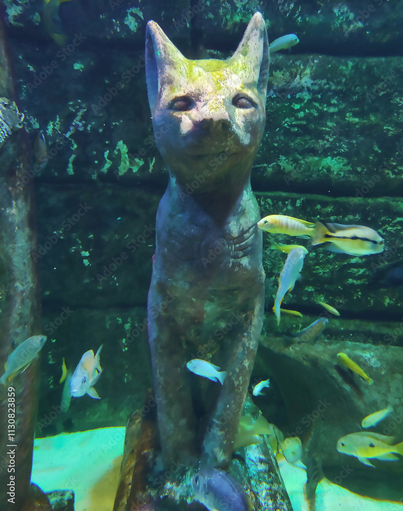 Stone sculpture of an Egyptian cat and decorative fish on the ...