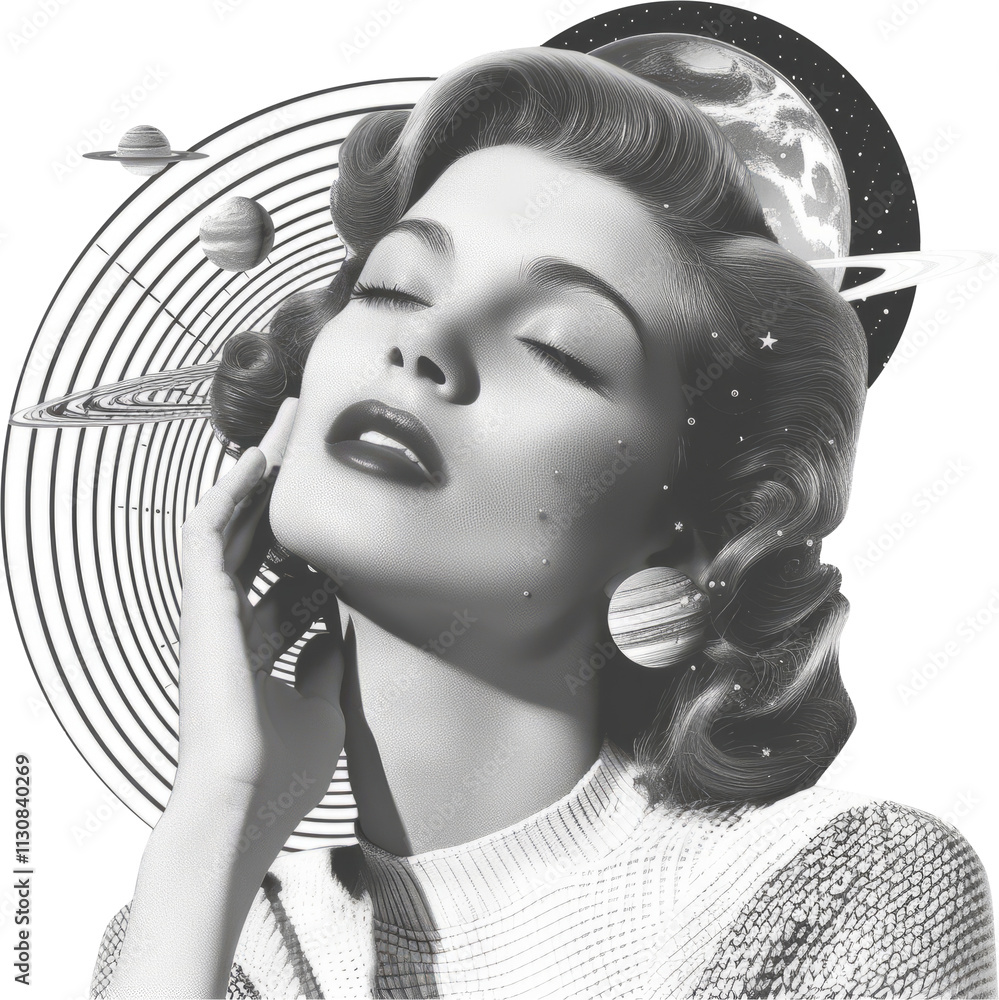 Girl dream collage halftone bitmap, Young woman surrealism space ...