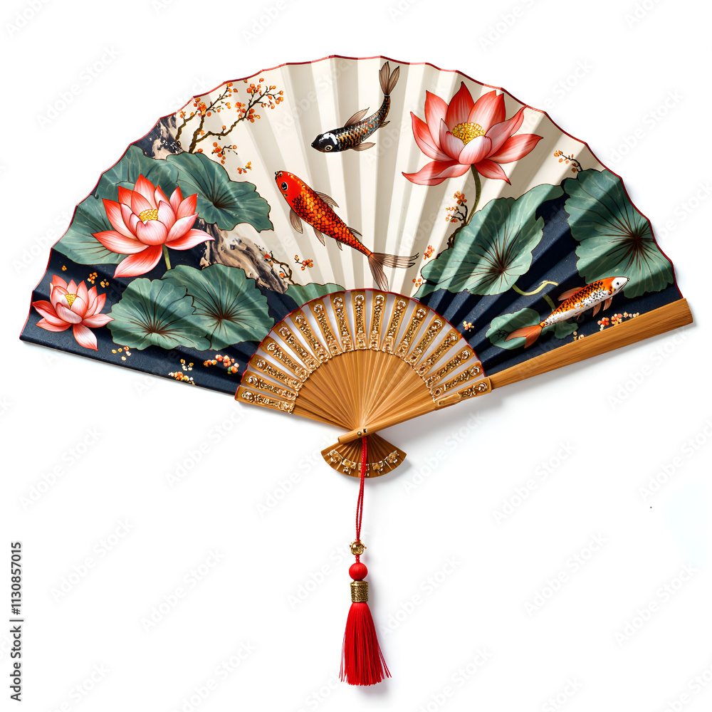 Elegant fan with koi fish and lotus flowers in a vibrant natural scene ...