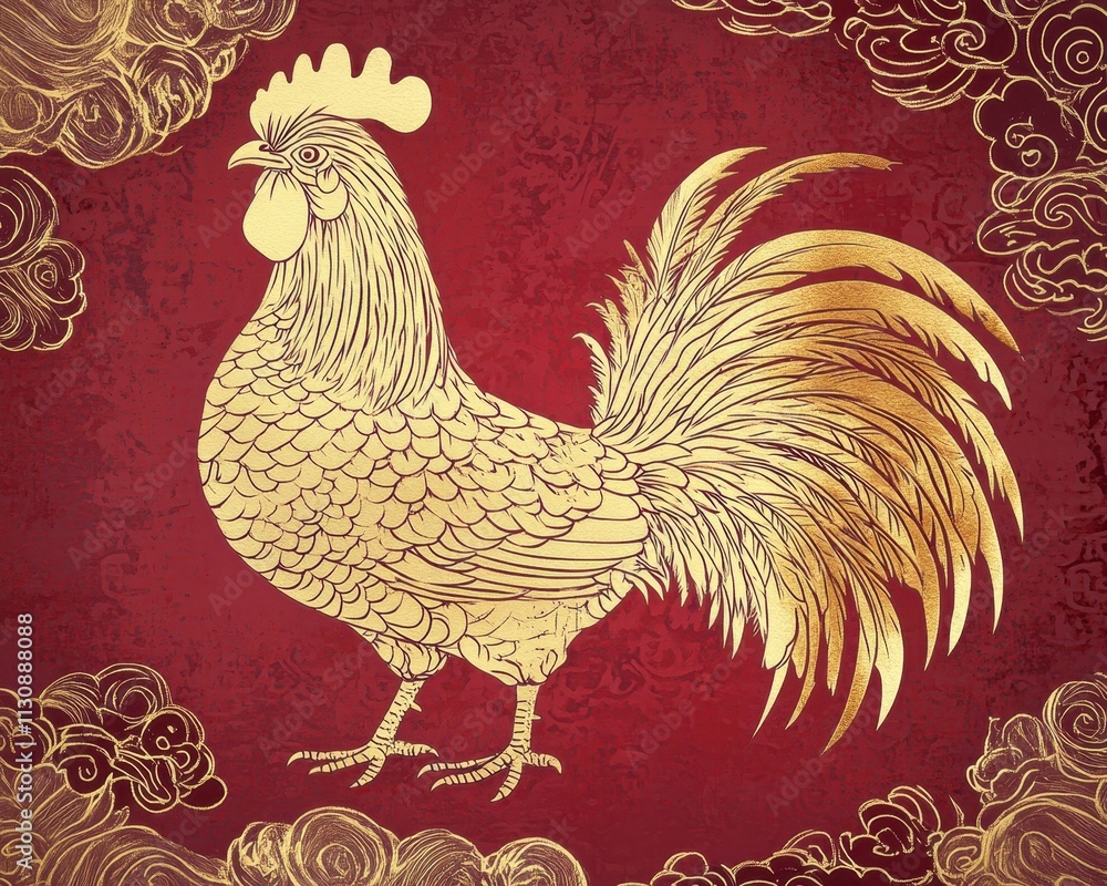 Golden rooster illustrations on a red background, inspired by Chinese ...