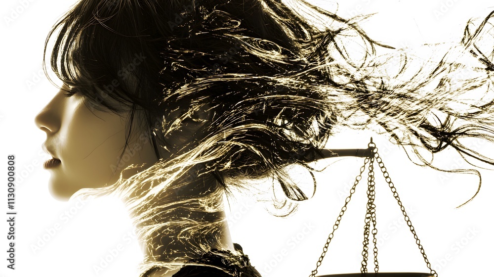 close-up of a woman’s profile, double-exposed with a flowing balance ...