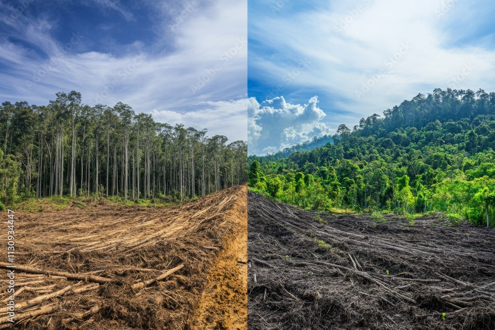 Contrast of Deforestation and Reforestation: A Split Image Showing the ...