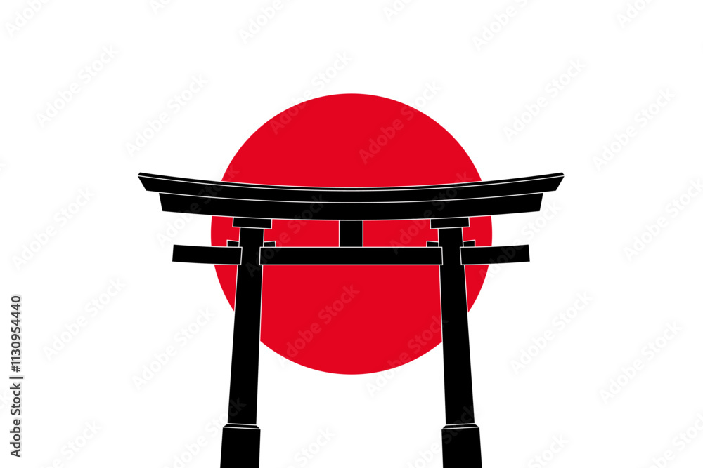 Daiwa torii, traditional Japanese gate in front of a red rising sun ...