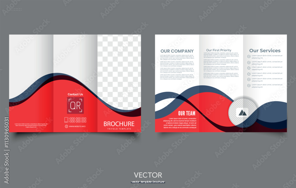 Red trifold brochure with waves. Tri fold brochure design with circle ...