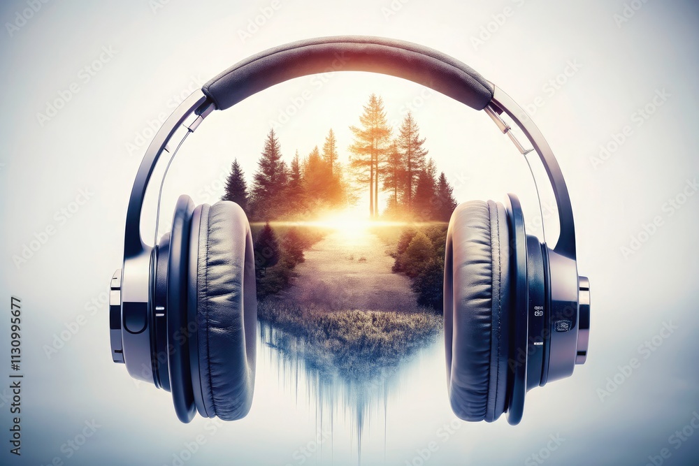 Double exposure art: headphones merge with abstract music visuals ...