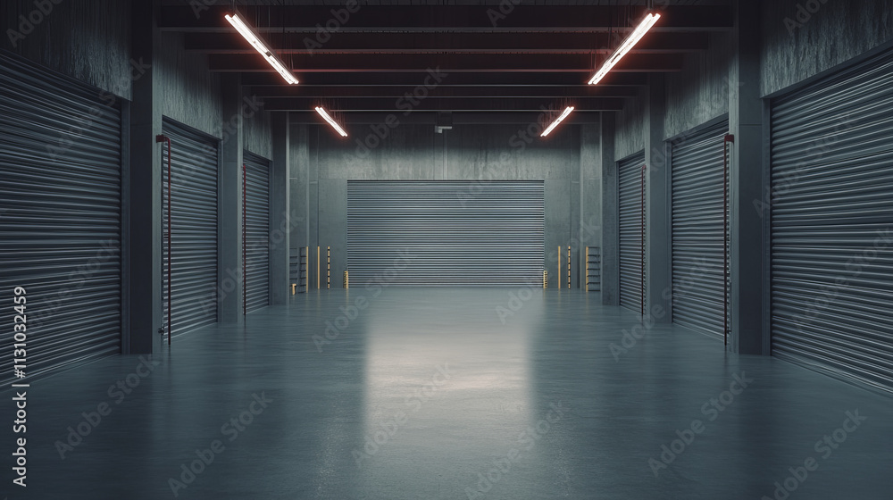 Warehouse interior with closed gates. Vector realistic illustration of ...