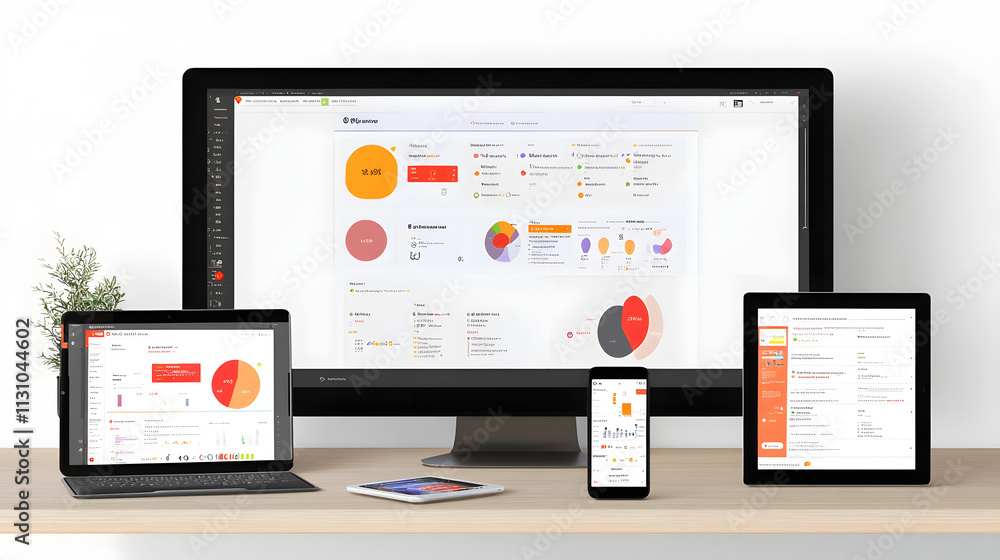 Modern workspace with various devices displaying business dashboards and reports. Data ...