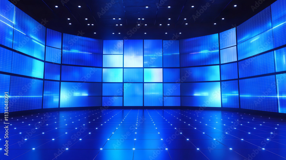 Led screen pixel light display stage background. Blue neon tv monitor ...