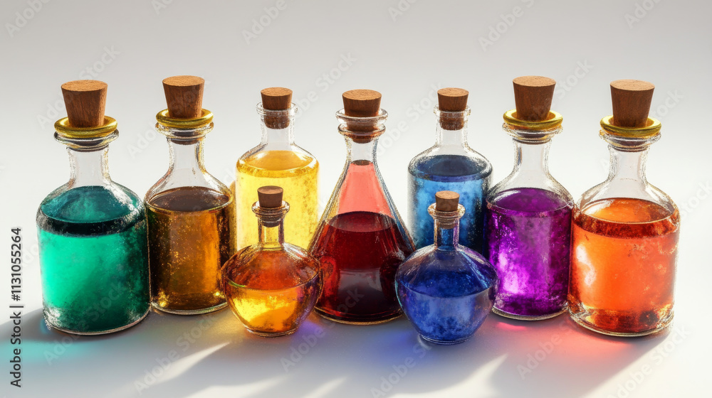 Game icons of bottles with magic potion, poison, alchemy elixir or ...