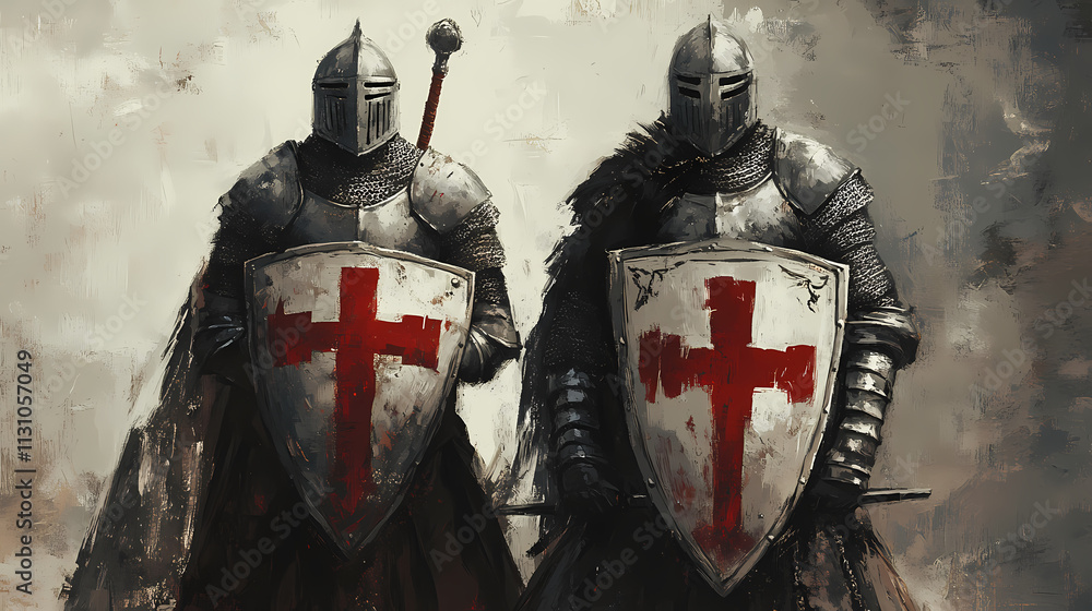 Two knights in full armor stand shoulder to shoulder, their shields ...