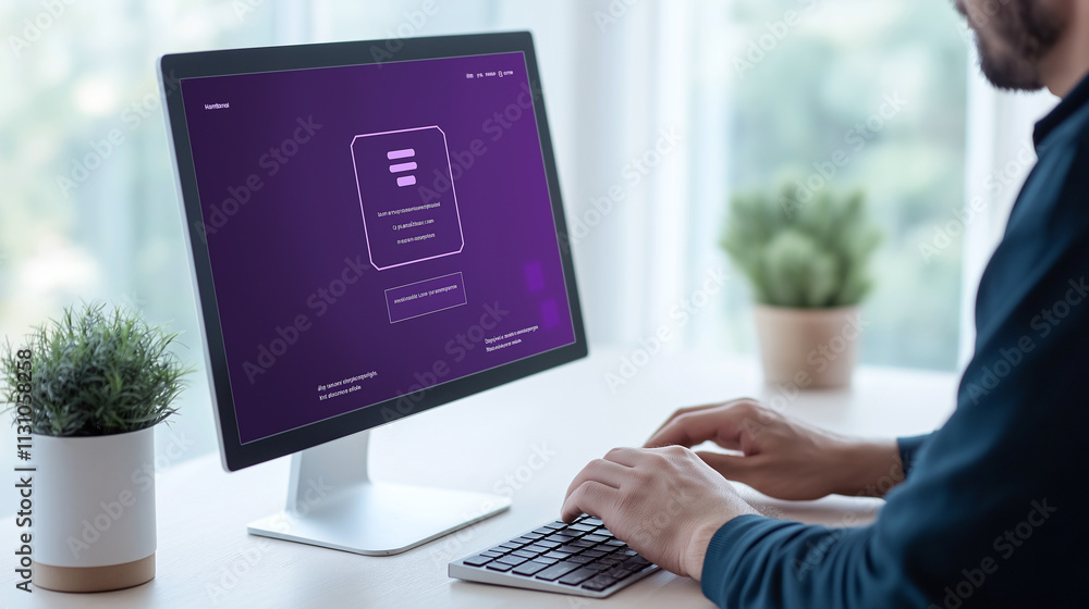 person using computer with purple chatbot interface on screen ...