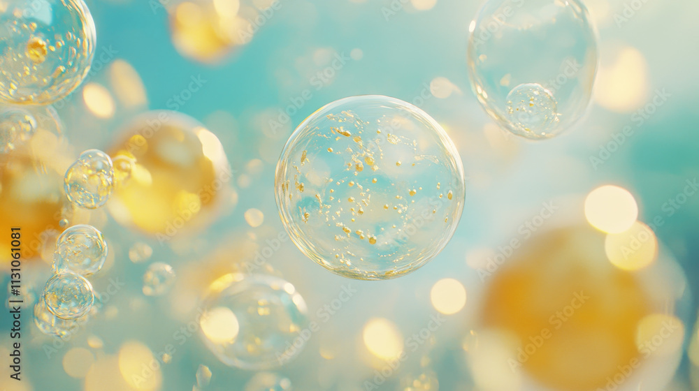 Yellow fizz air bubbles, champagne, soda drink or mineral water ...