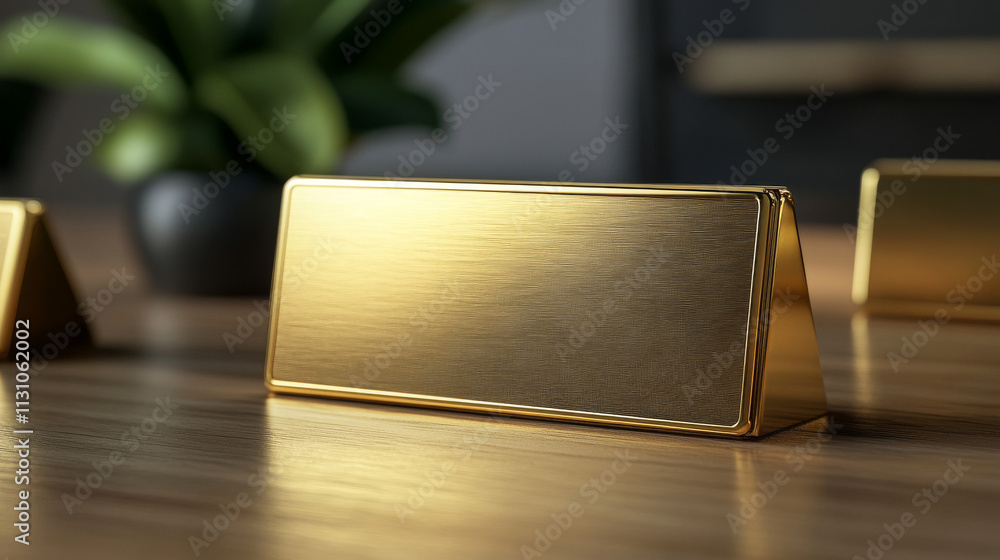 Table card holder, empty name plate. Vector realistic mockup of golden ...