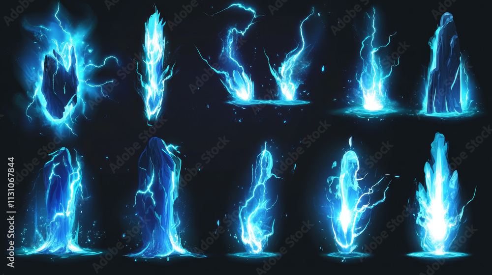 Set of neon blue lightning strike effects isolated on dark transparent background. Vector ...