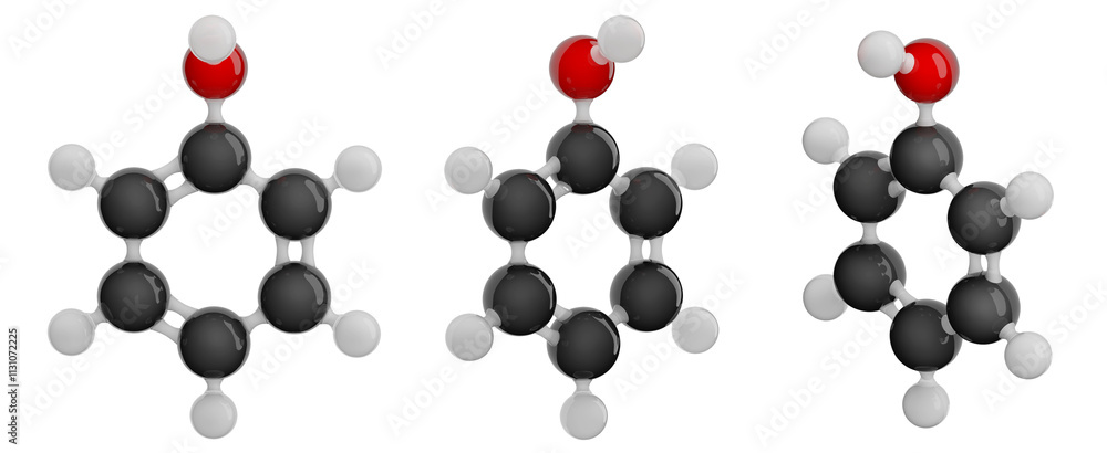 Molecule of Phenol. Set of views. Molecular formula: C6H6O. Chemical ...