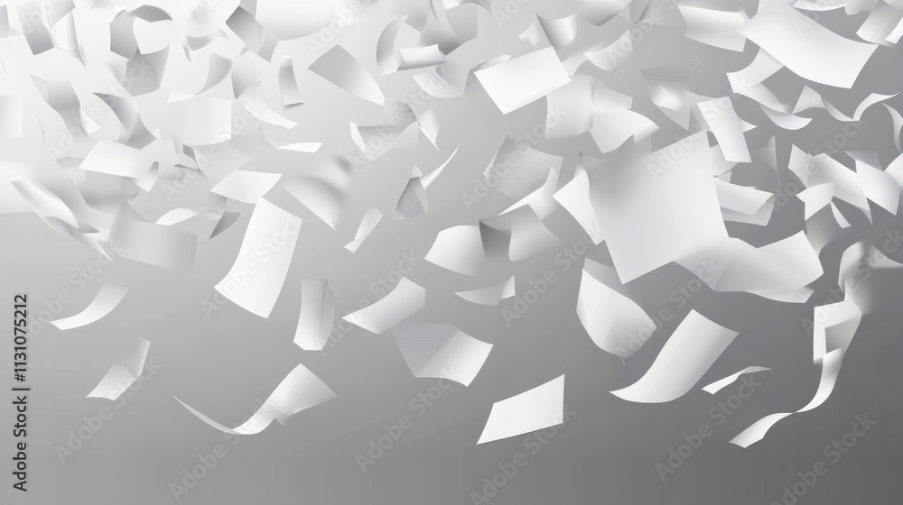 Flying white paper sheets in air. Falling blank note pages with curved ...