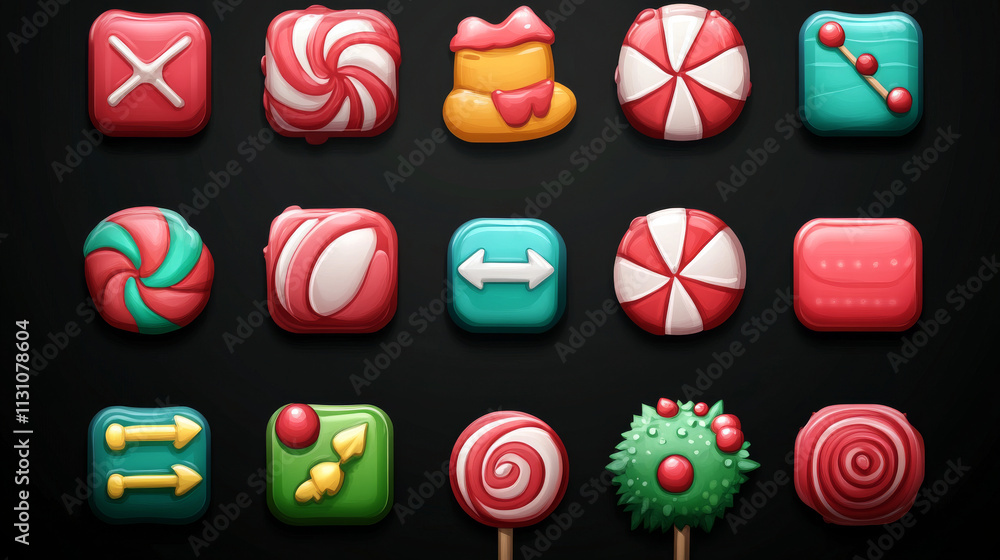 Candy game ui buttons set isolated on black background. Vector cartoon ...