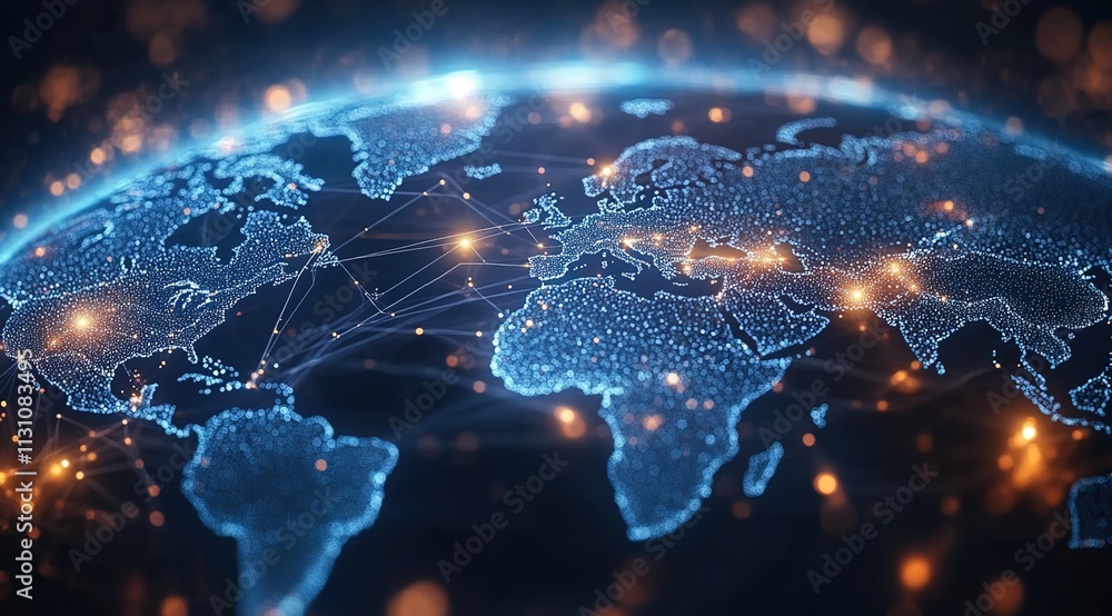Abstract digital map of the world with glowing connections, representing a global network and ...