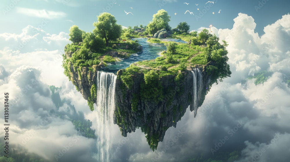 Game ui level map with floating islands with river and waterfall, green ...