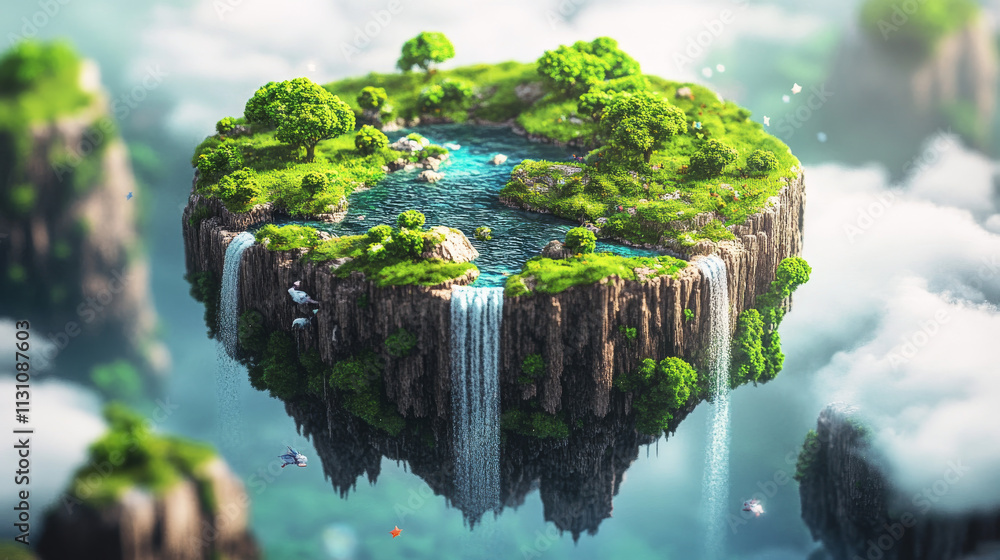 Game ui level map with floating islands with river and waterfall, green ...